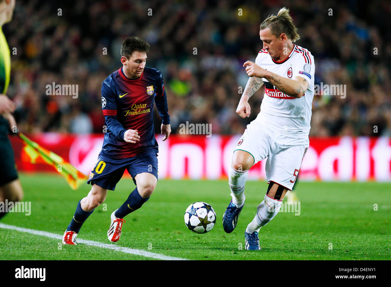 Barcelona, Spain. 12th March 2013. Lionel Messi (Barcelona), Philippe ...