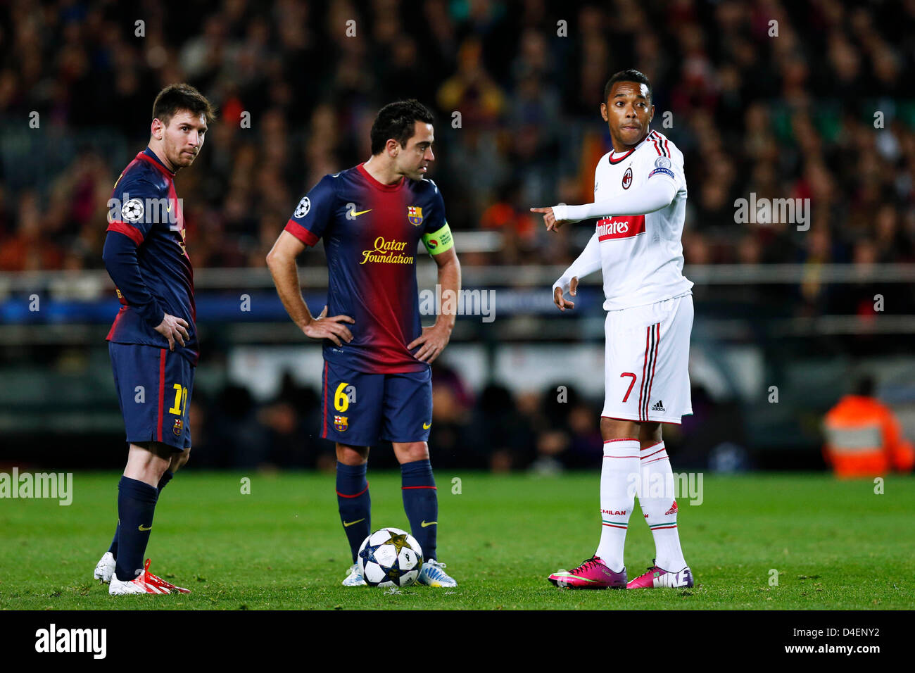 Barcelona, Spain. 12th March 2013. (L to R) Lionel Messi, Xavi ...
