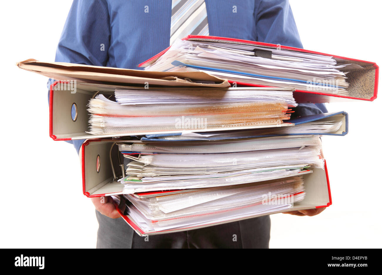 Man holding stack of folders. Pile with old documents and bills ...