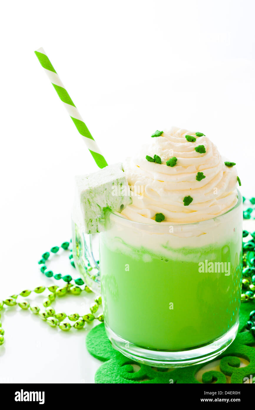 Green hot chocolate with marshmallow cube for St. Patrics Day Stock ...