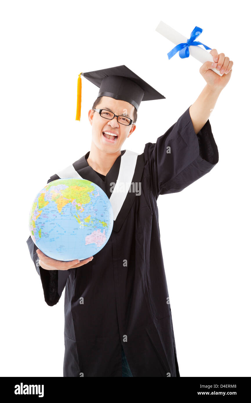happy Graduate man with Degree and world in hand Stock Photo - Alamy