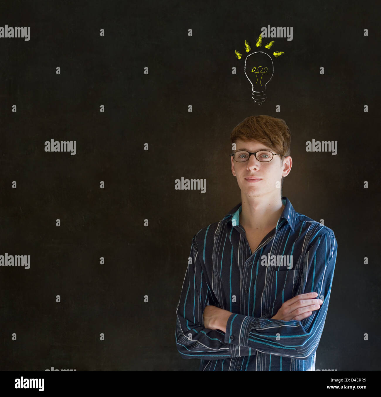 Bright idea chalk background lightbulb thinking business man Stock ...