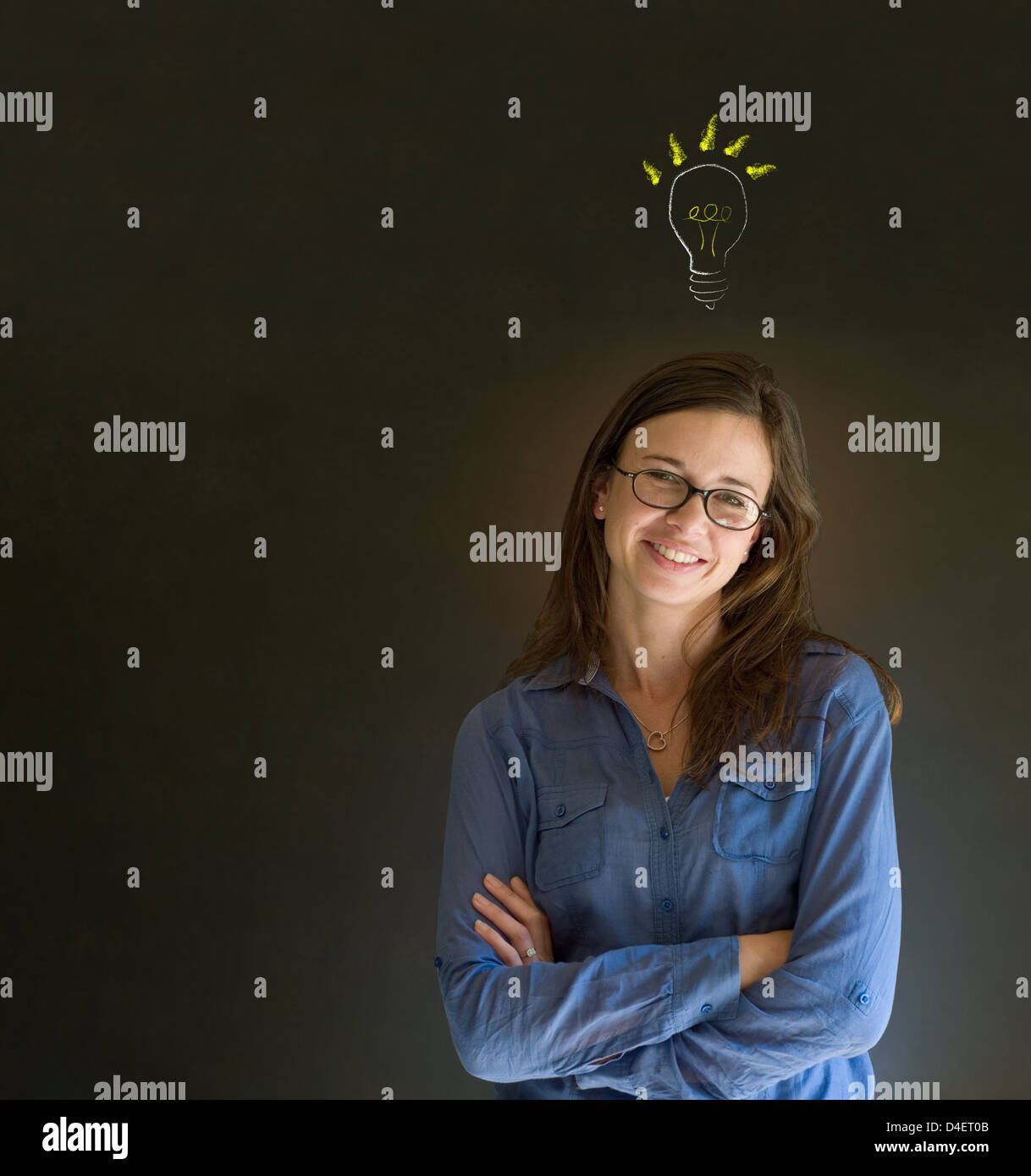 Bright idea chalk background lightbulb thinking business woman Stock ...