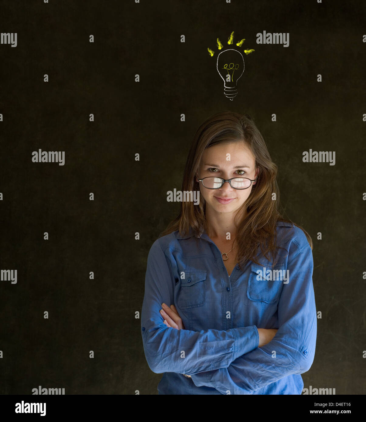 Bright idea chalk background lightbulb thinking business woman Stock ...