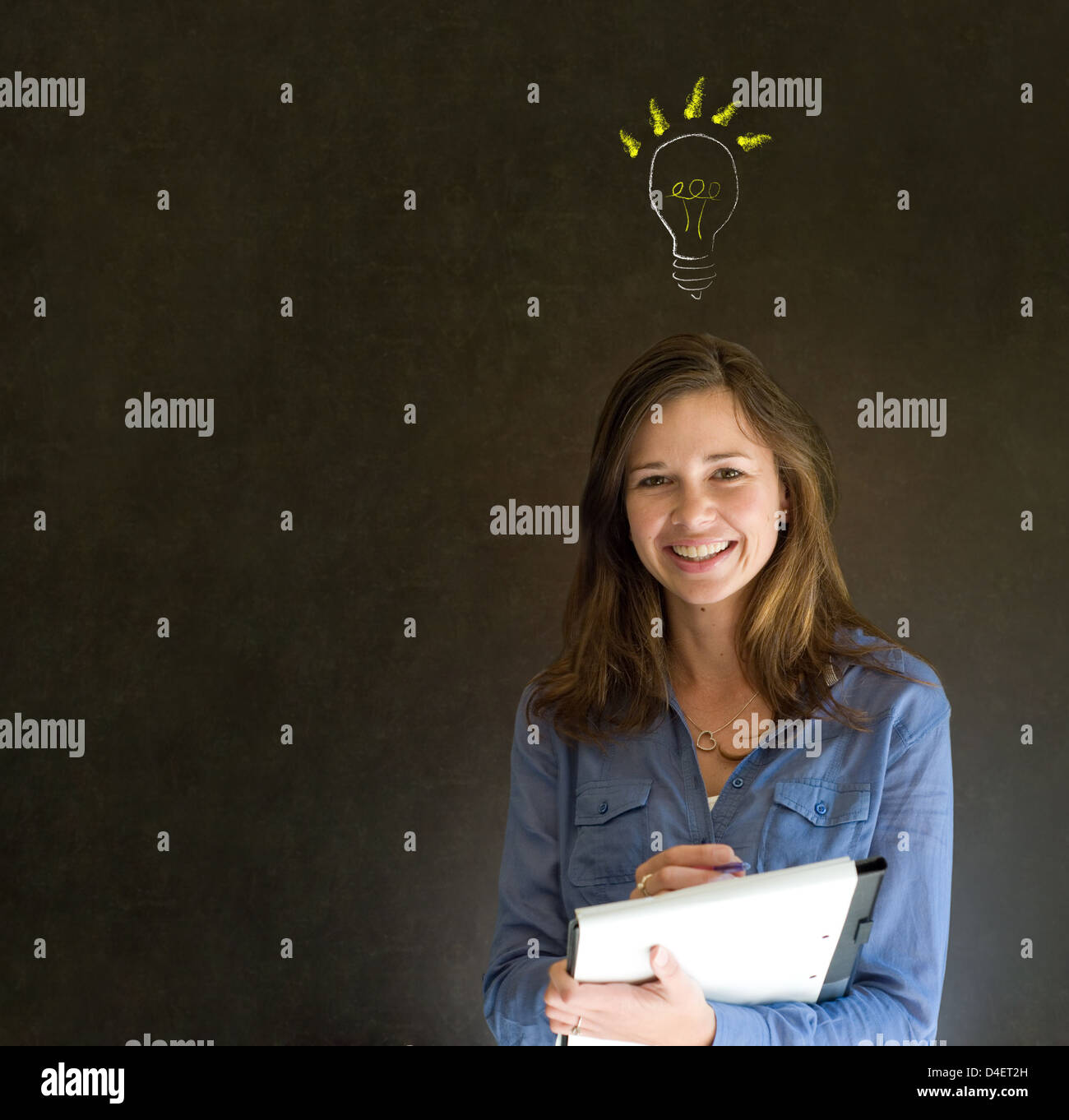 Bright idea chalk background lightbulb thinking business woman Stock ...