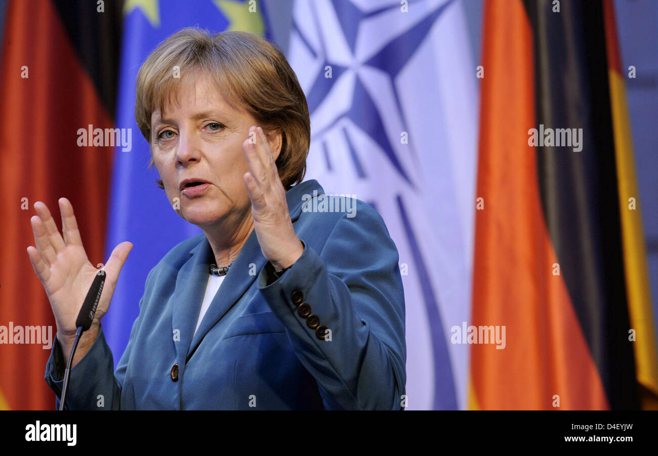 German Chancellor Angela Merkel delivers a speech at the NATO ...