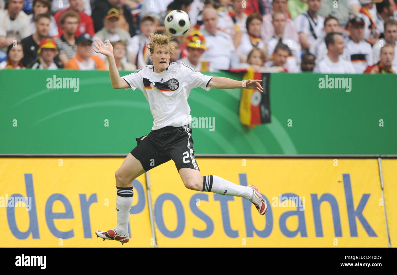 Marcell Jansen heads the ball during friendly soccer match Germany v ...