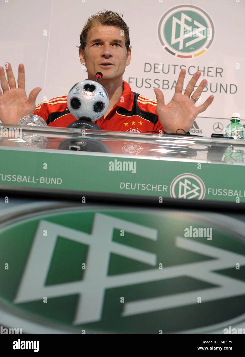 Germany's goalkeeper Jens Lehmann makes a gesture during a press ...
