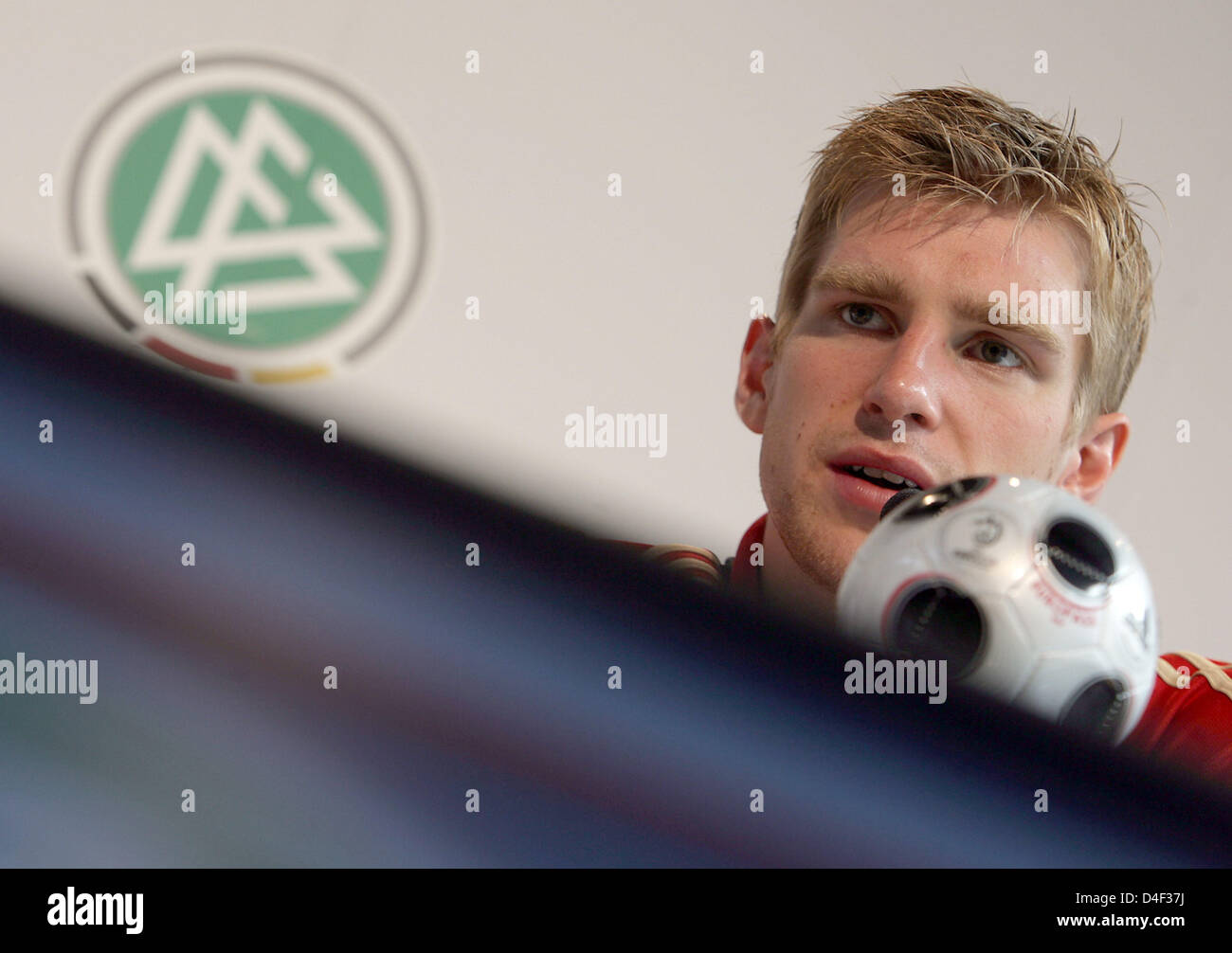 Germany's Per Mertesacker talks to the media during a press conference ...