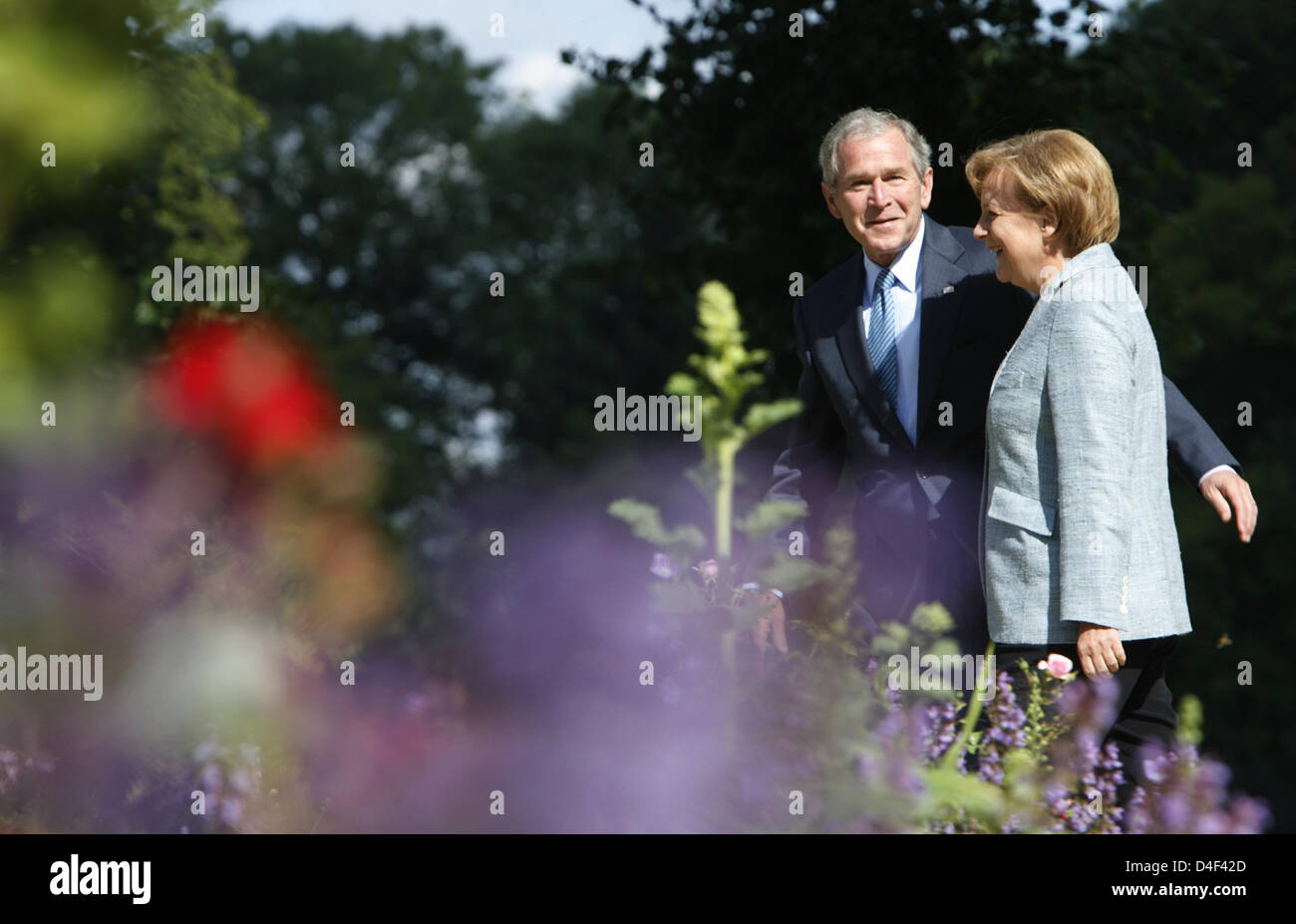German Chancellor Angela Merkel (R) and US President George W. Bush (L ...