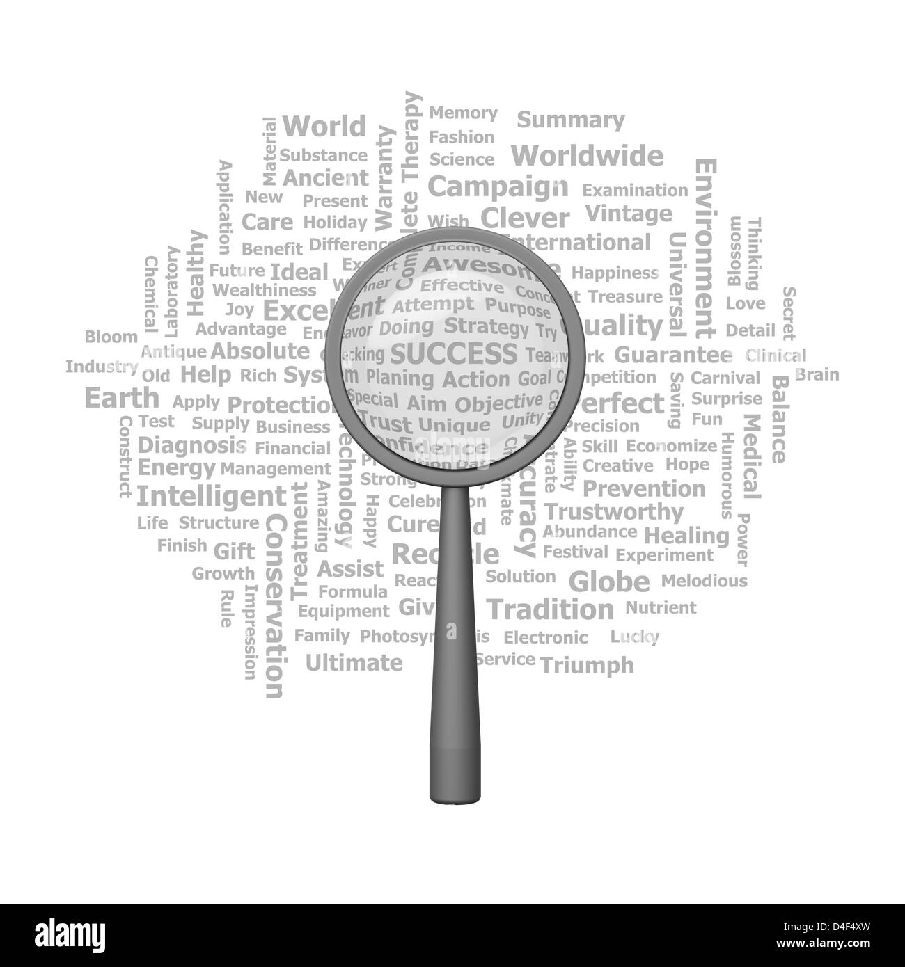 3D model of magnifying glass focusing on success word Stock Photo - Alamy