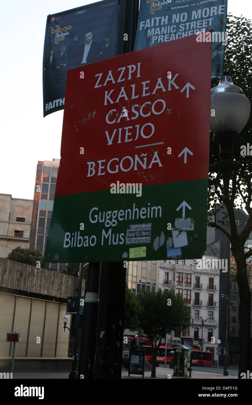 Tentative signs on street Bilbao which is capital Basque country where ...