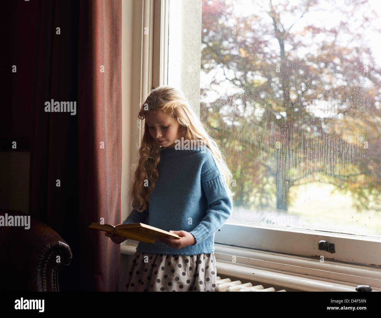 Girl reading by window Stock Photo - Alamy