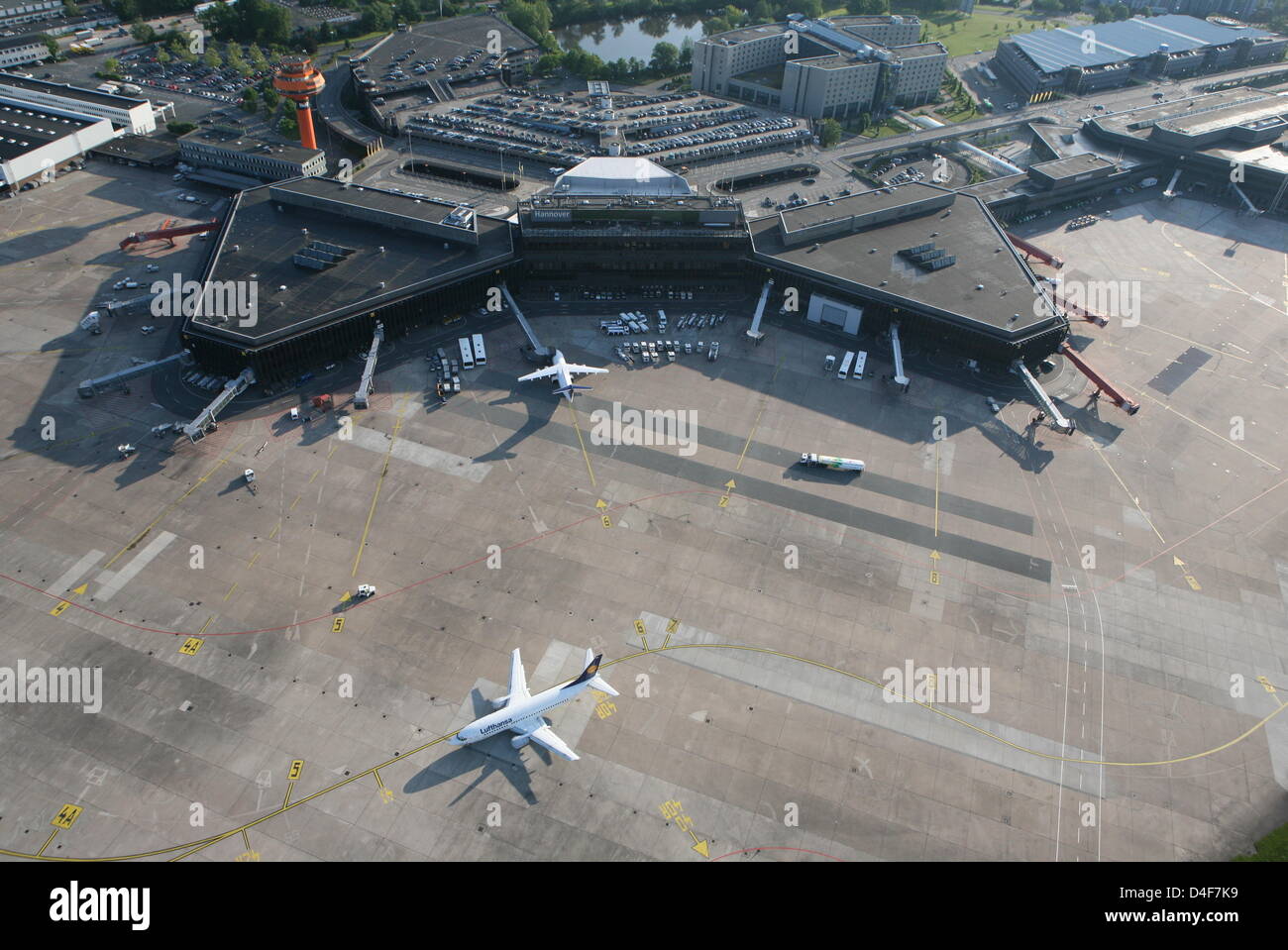 Aerial view on the airport Hanover/Langenhagen, Germany, 21 May 2008 ...