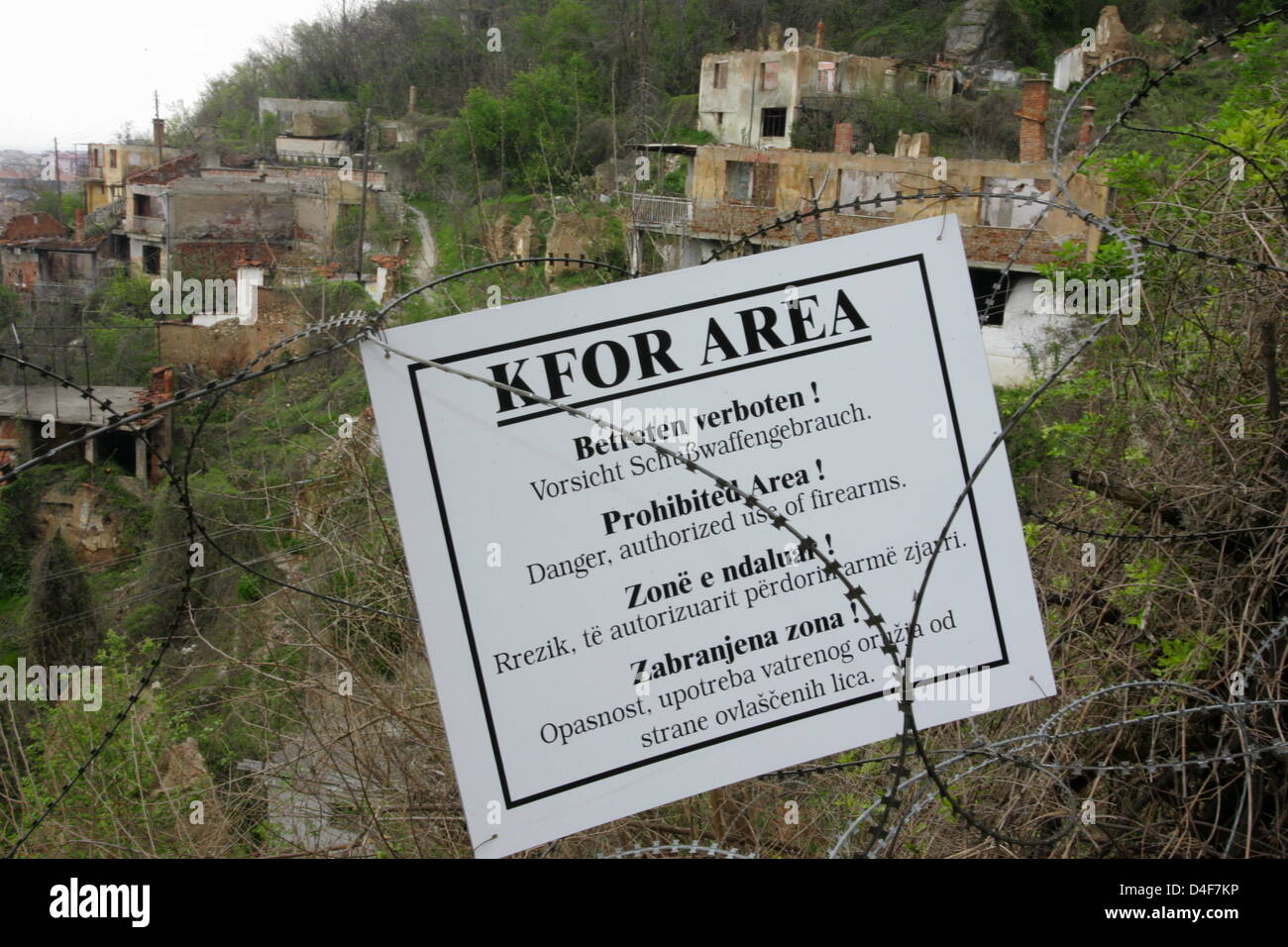A KFOR sign in barbed wire pictured in Prizren, Kosovo, 03 Aprilk 2008 ...