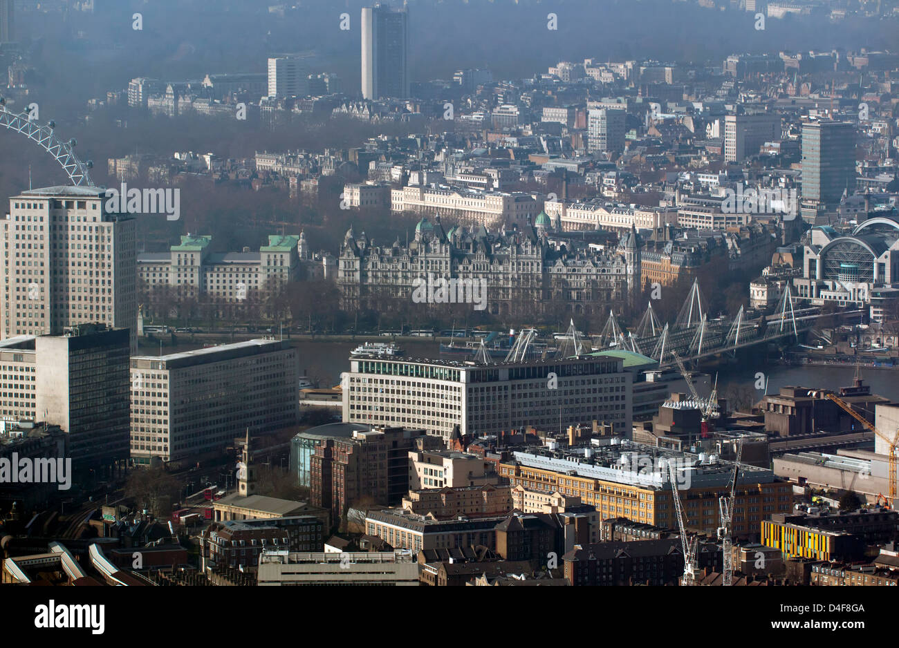 Aerial view showing Charing Cross Station, Hungerford Bridge, The Shell ...