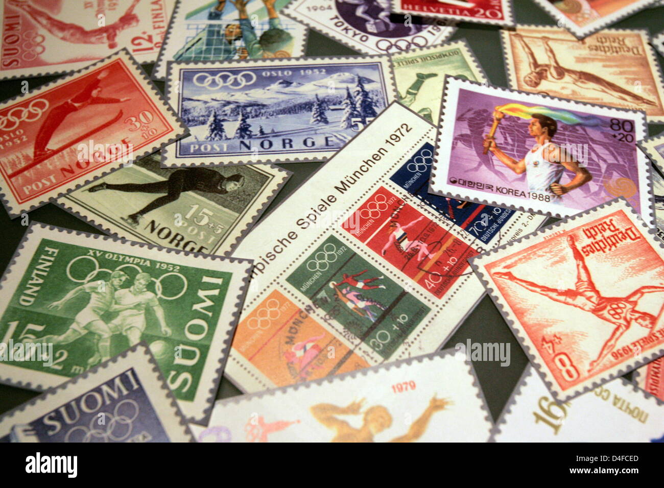 Stamps with olympic motives are on display at the Olympic Museum in ...