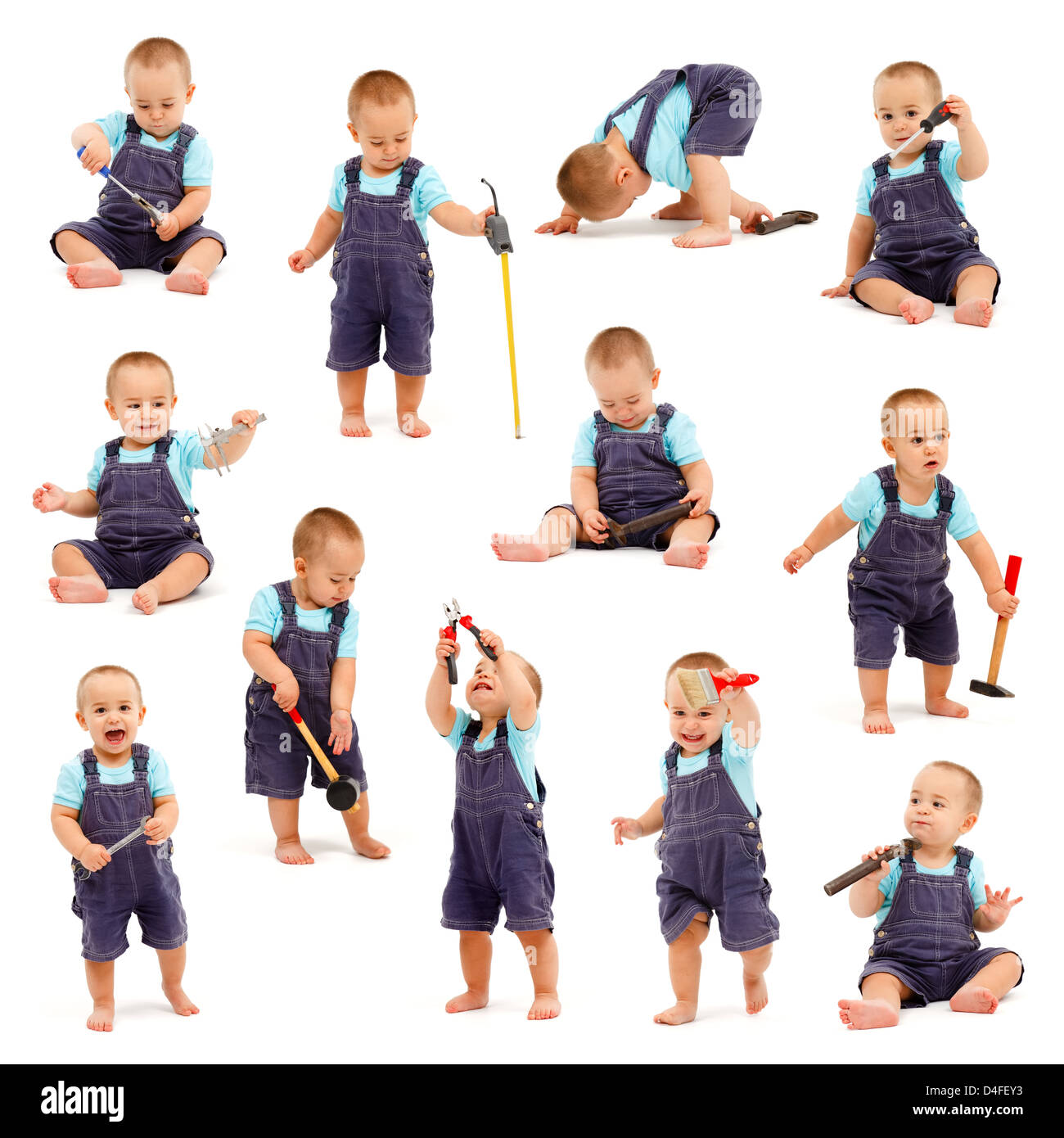 Collage of a little boy playing with various tools. Isolated on white ...