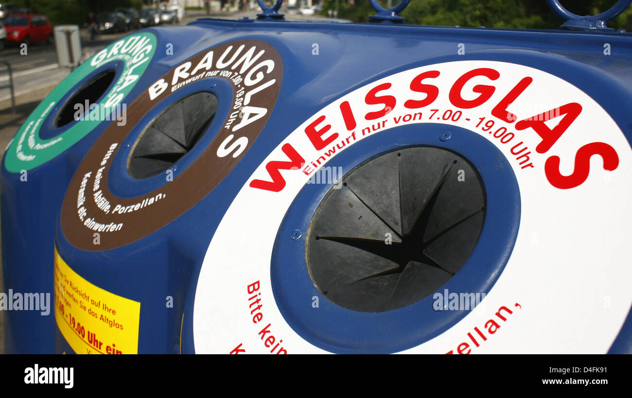 A container for used glass captured in the city centre of Frankfurt ...