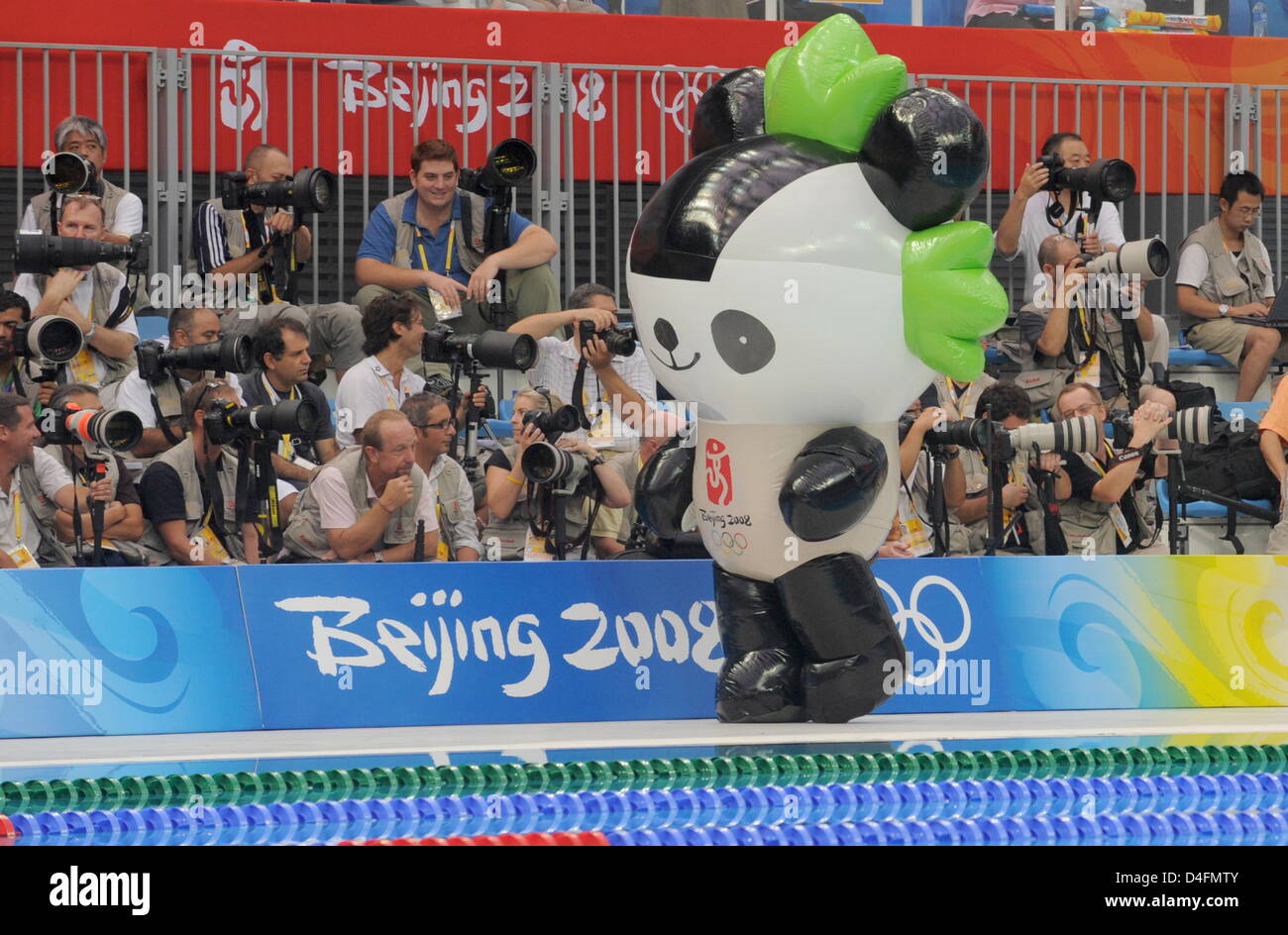 The Fuwa Olympic mascots Jingjing is seen during the Swimming ...