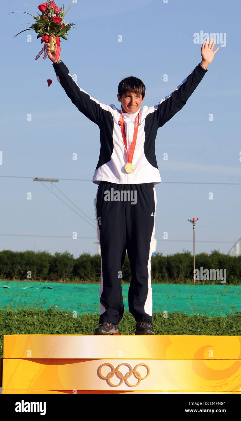 Elena Kaliska from Slovakia celebrates on the podium after winning gold ...