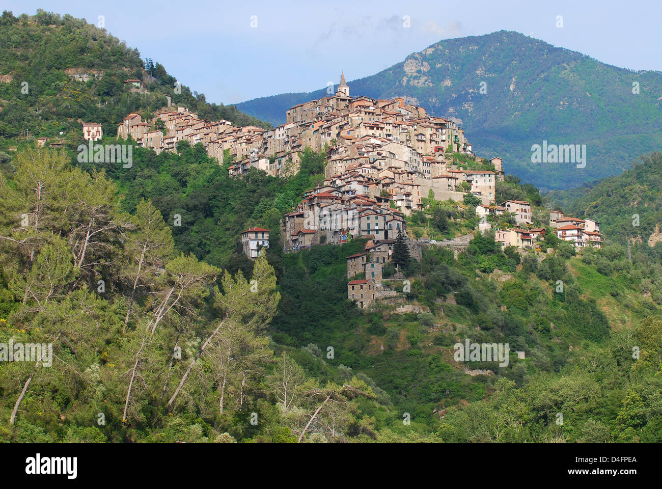 The photo shows the village Apricale which is built on a hillside in ...