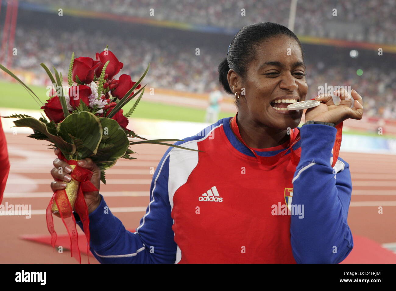 Silver medalist Yipsi Moreno of Cuba celebrates on the podium during ...