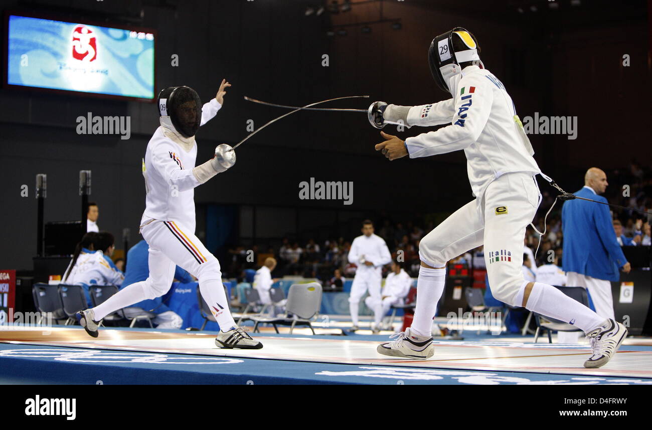 Eric Walther (L) of Germany is seen fencing during the Men·s Fencing ...