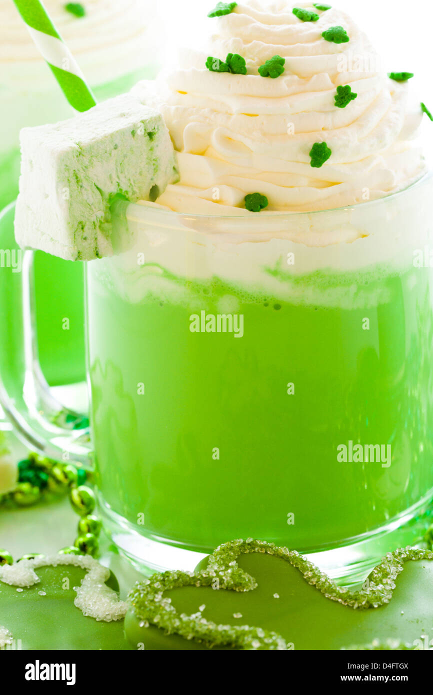 Green hot chocolate with marshmallow cube for St. Patrics Day Stock ...