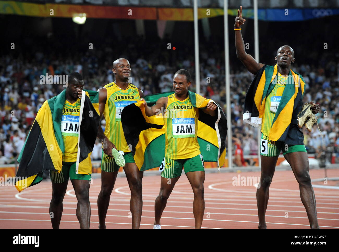 From left - Nesta Carter, Asafa Powell, Michael Frater and Usain Bolt ...