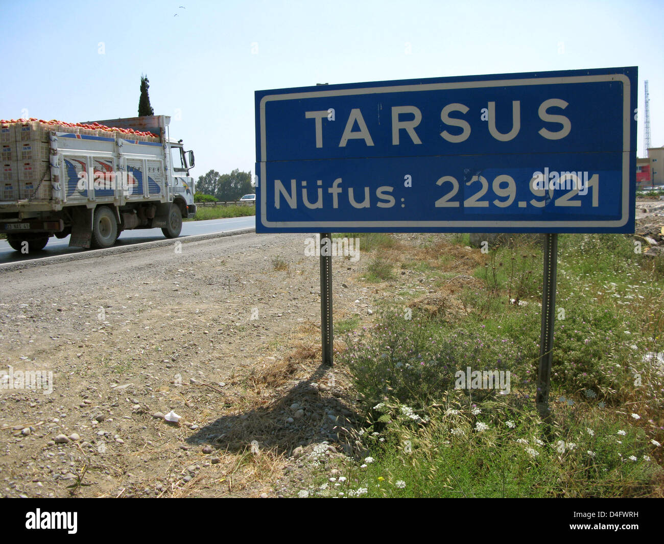 Place-name sign of Tarsus captured in Turkey, 18 June 2008. 2000 years ...