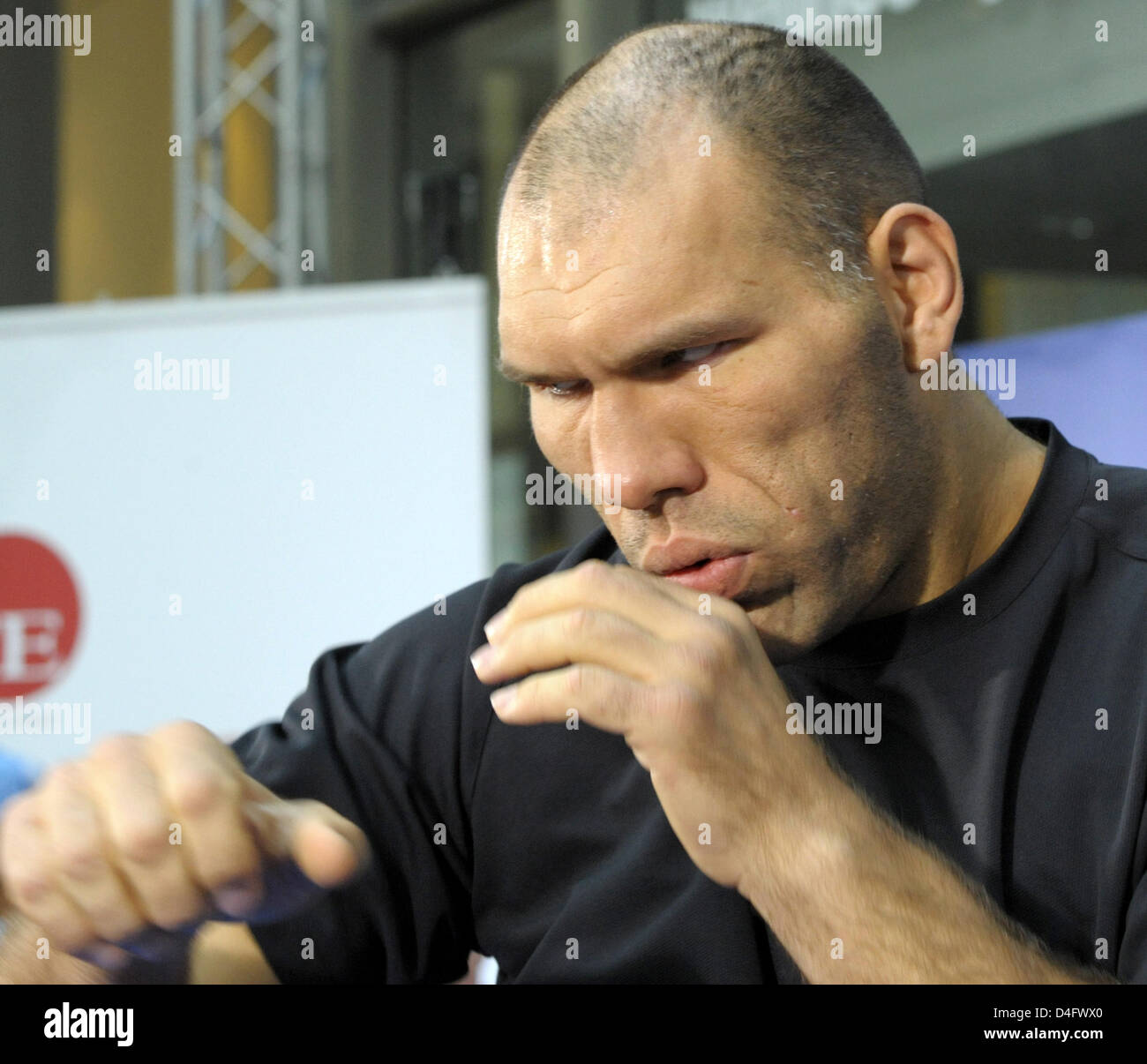 Russian boxer Valuev poses during a public training session in Berlin ...