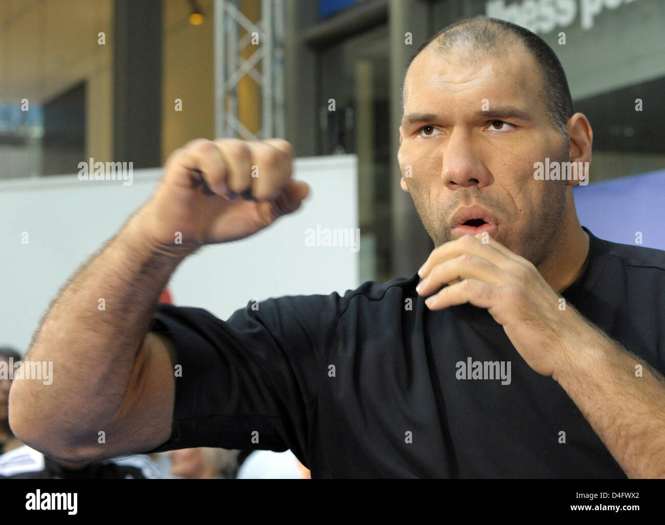 Russian boxer Valuev poses during a public training session in Berlin ...