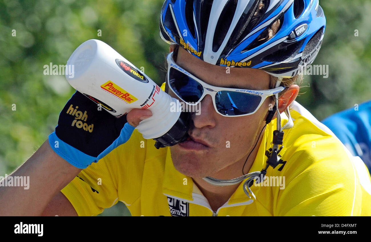 German cyclist Linus Gerdemann of Team Columbia wears the Yellow jersey ...