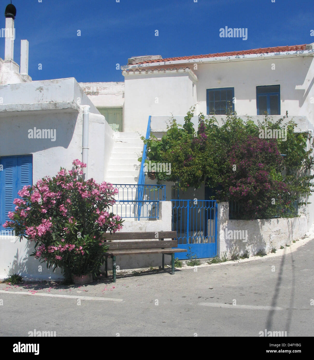 Houses with oleander and bougainvillea flowers are pictured in Asomatos ...