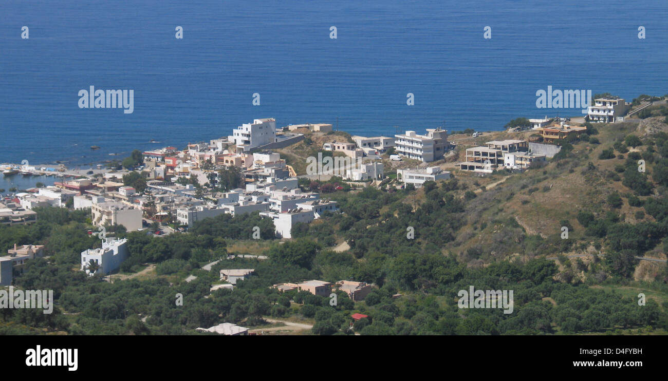 A view of the bay of Plakias from mountain village Mirthios on Crete ...