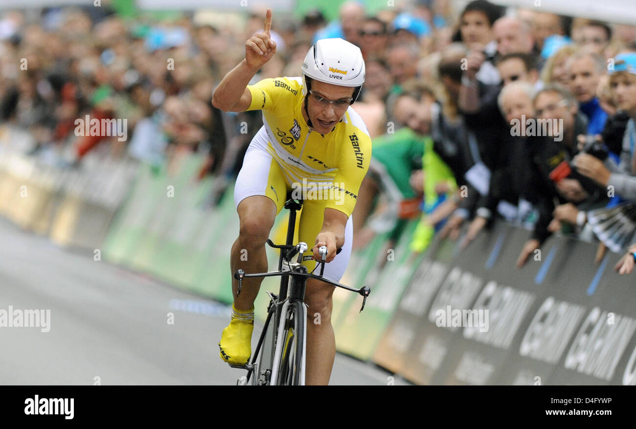 German cyclist Linus Gerdemann of Team Columbia cheers after the eighth ...