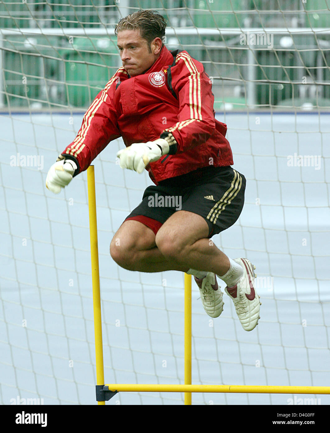 Goalkeeper of the German national team, Tim Wiese, hurdles during ...