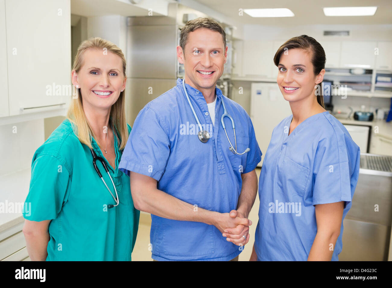 Smiling veterinarians standing together in vet's surgery Stock Photo ...