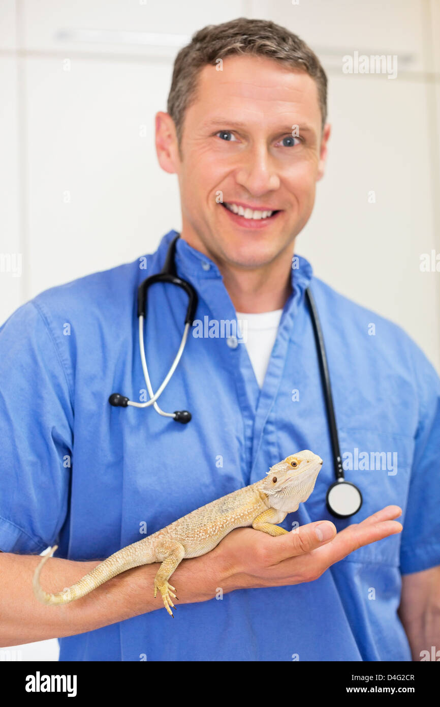 Smiling veterinarian holding lizard in vet's surgery Stock Photo - Alamy