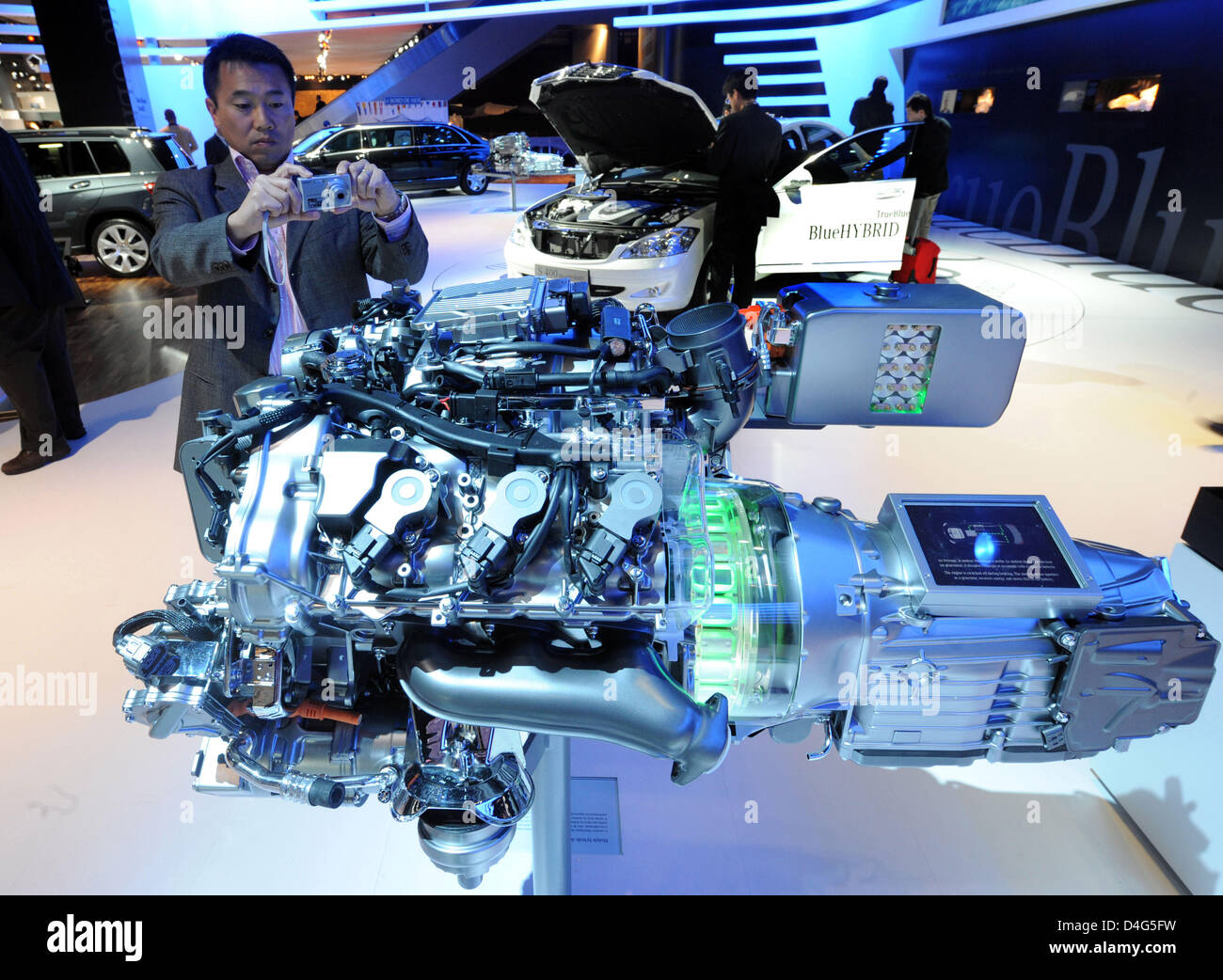 The engine of a Mercedes BlueHybrid is presented at the second press ...