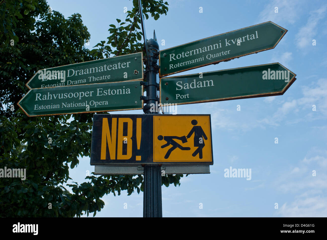 Street sign pointing in several directions and warning for ...