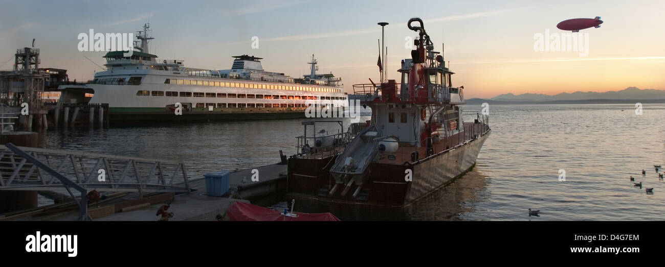 sunset view harbour. Elliott Bay in Puget Sound Washington. An airship ...
