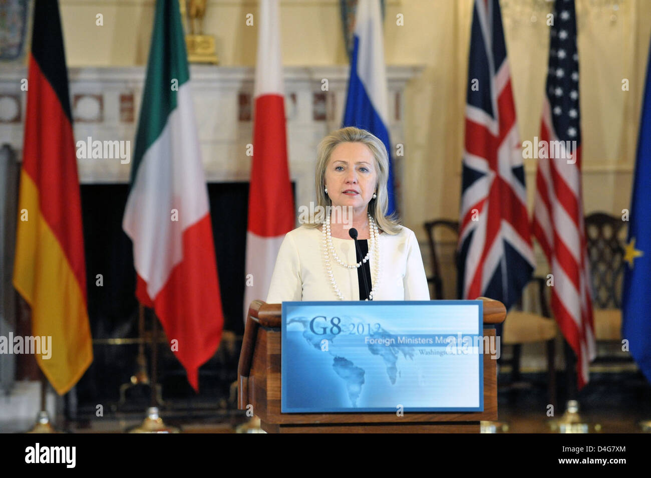 Secretary Clinton Delivers Remarks After the G8 Ministerial Stock Photo ...