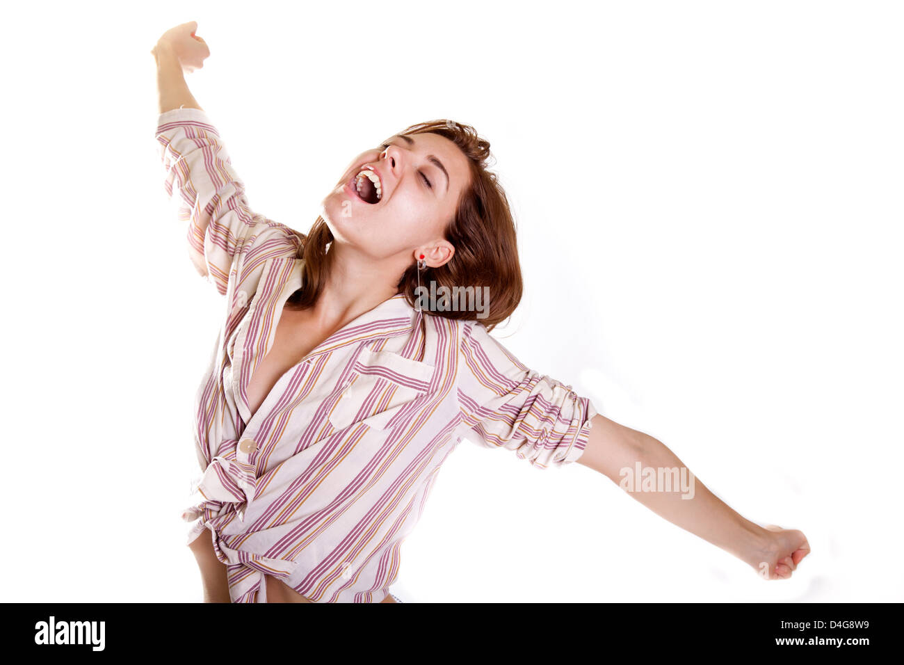yooung atractive woman yawning in pijamas in the morning with happy ...