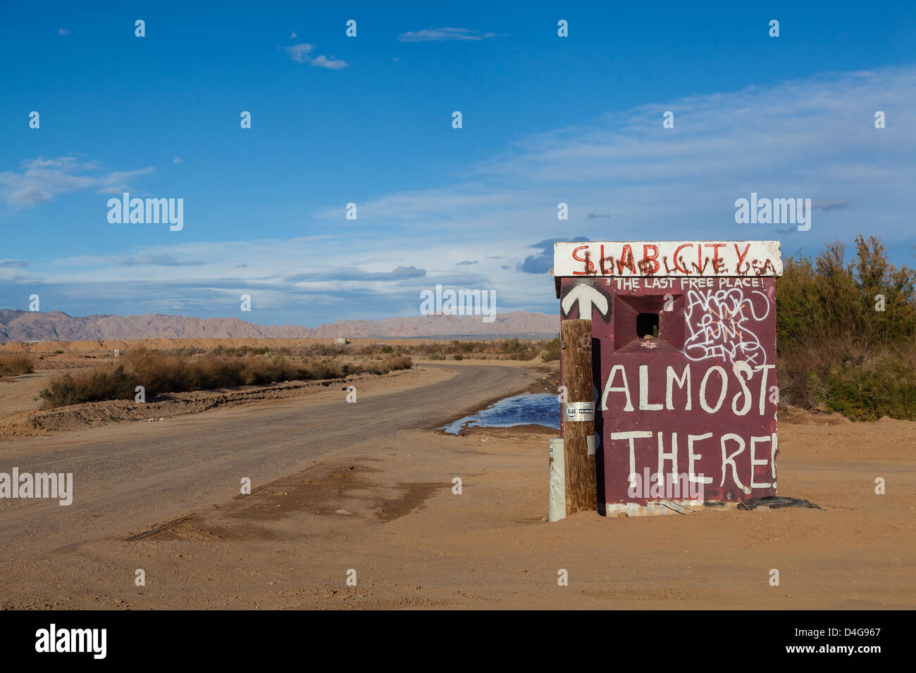 Concrete block guard shack entrance to Slab City, an off-the-grid ...