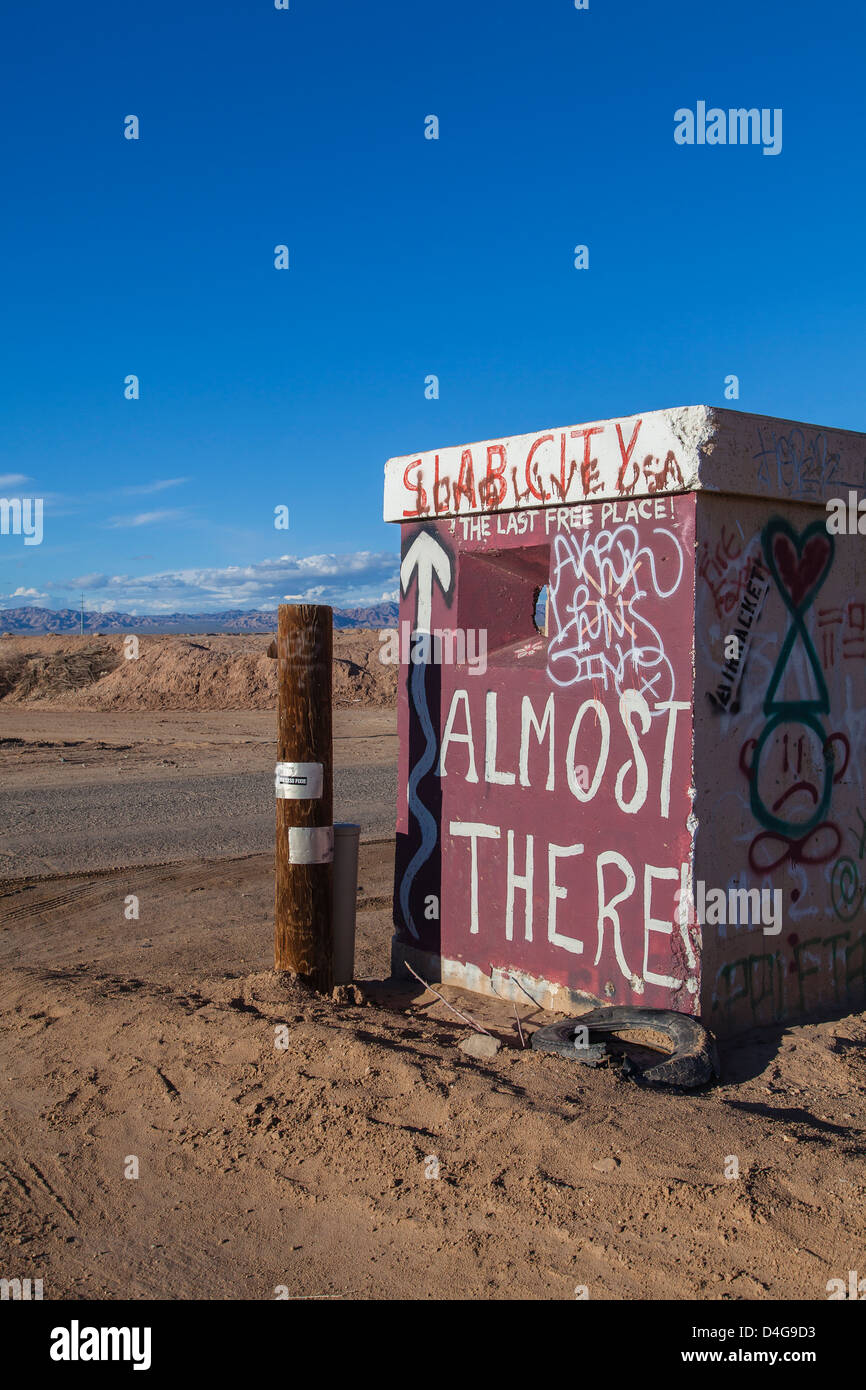 Concrete block guard shack entrance to Slab City, an off-the-grid ...