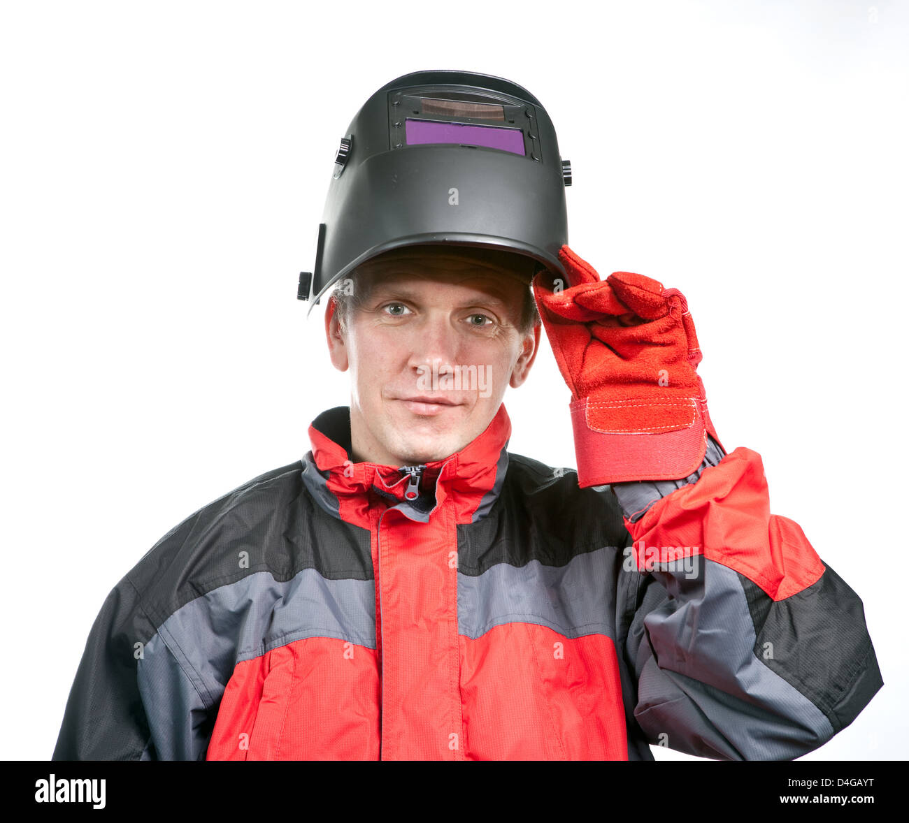 Portrait of man in working clothes and a welder mask Stock Photo - Alamy