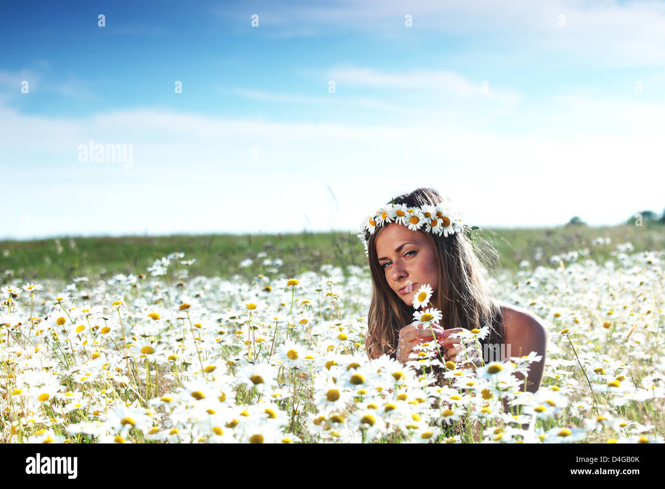 beautiful girl on the daisy flowers field Stock Photo - Alamy