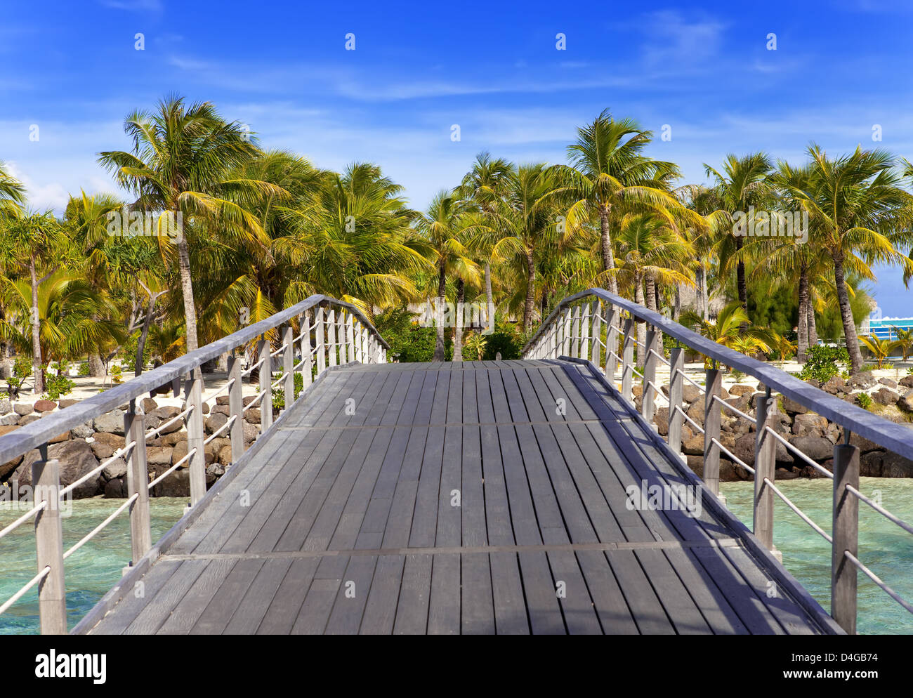 View on tropical island from the wooden bridge to the coast over the ...